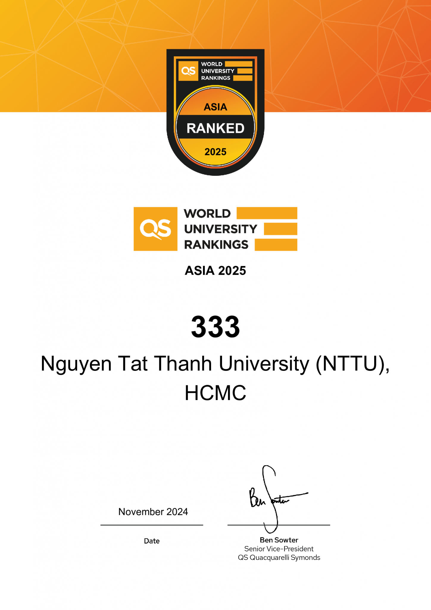 QS Asian University Rankings 2025: NTTU giữ vững vị thế trong Top 34% ...